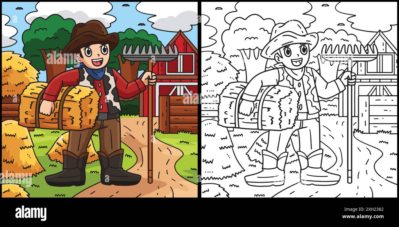 Cowboy with Rake and Hay Coloring Illustration Stock Vector Image & Art ...