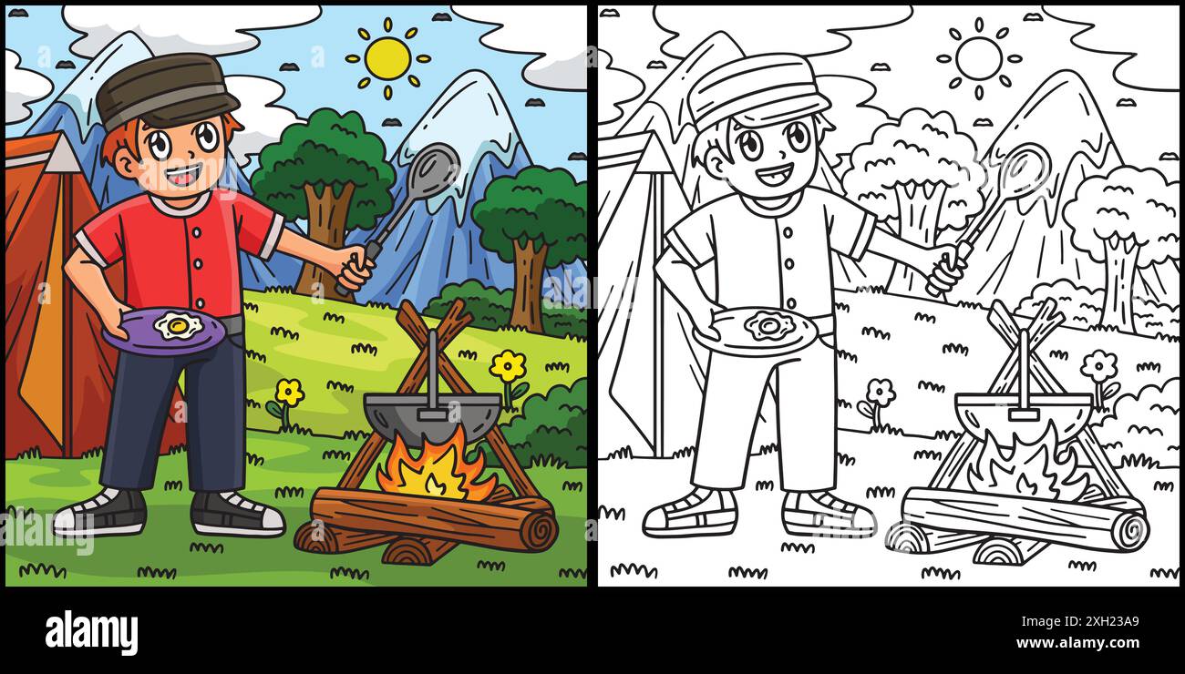 Camping Camper Boy Cooking Coloring Illustration Stock Vector Image ...