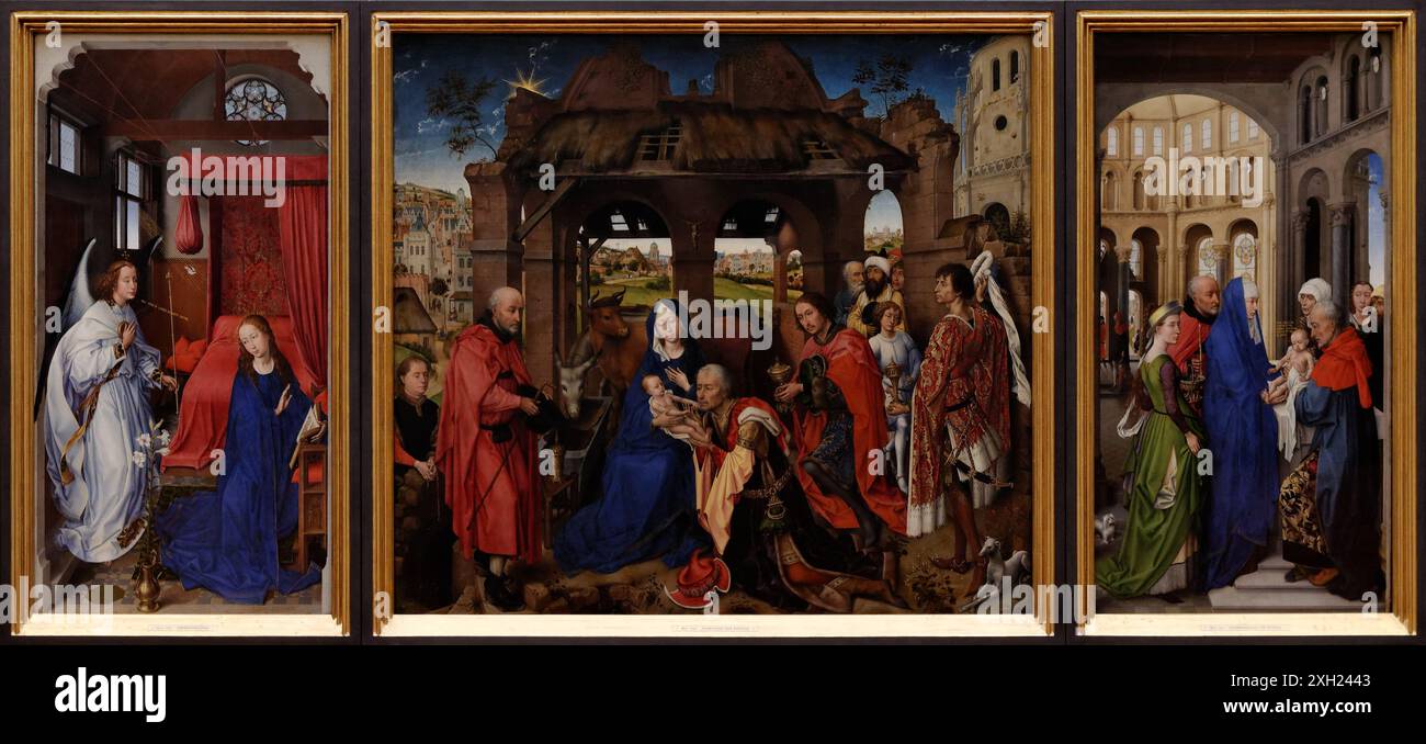 Rogier van der Weyden's St Columba Altarpiece. Oil on oak panel, 138 x 70 cm, 138 x 153 cm, 138 ...