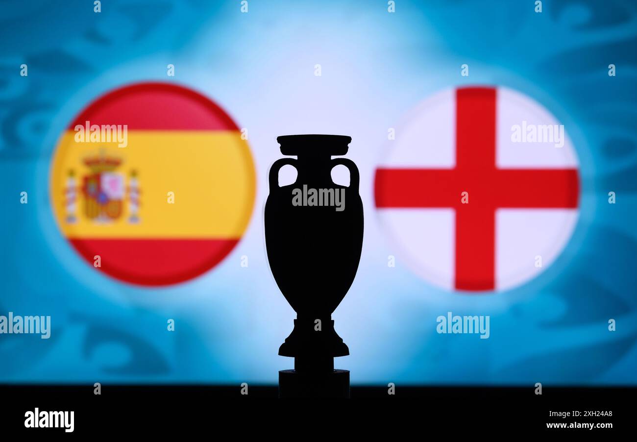 Spain vs England football Final and silhouette of football trophy ...