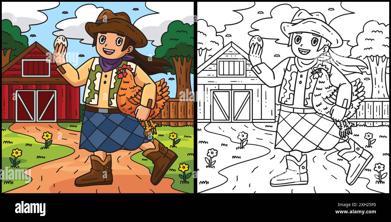 Cowgirl Carrying Chicken Coloring Illustration Stock Vector Image & Art ...