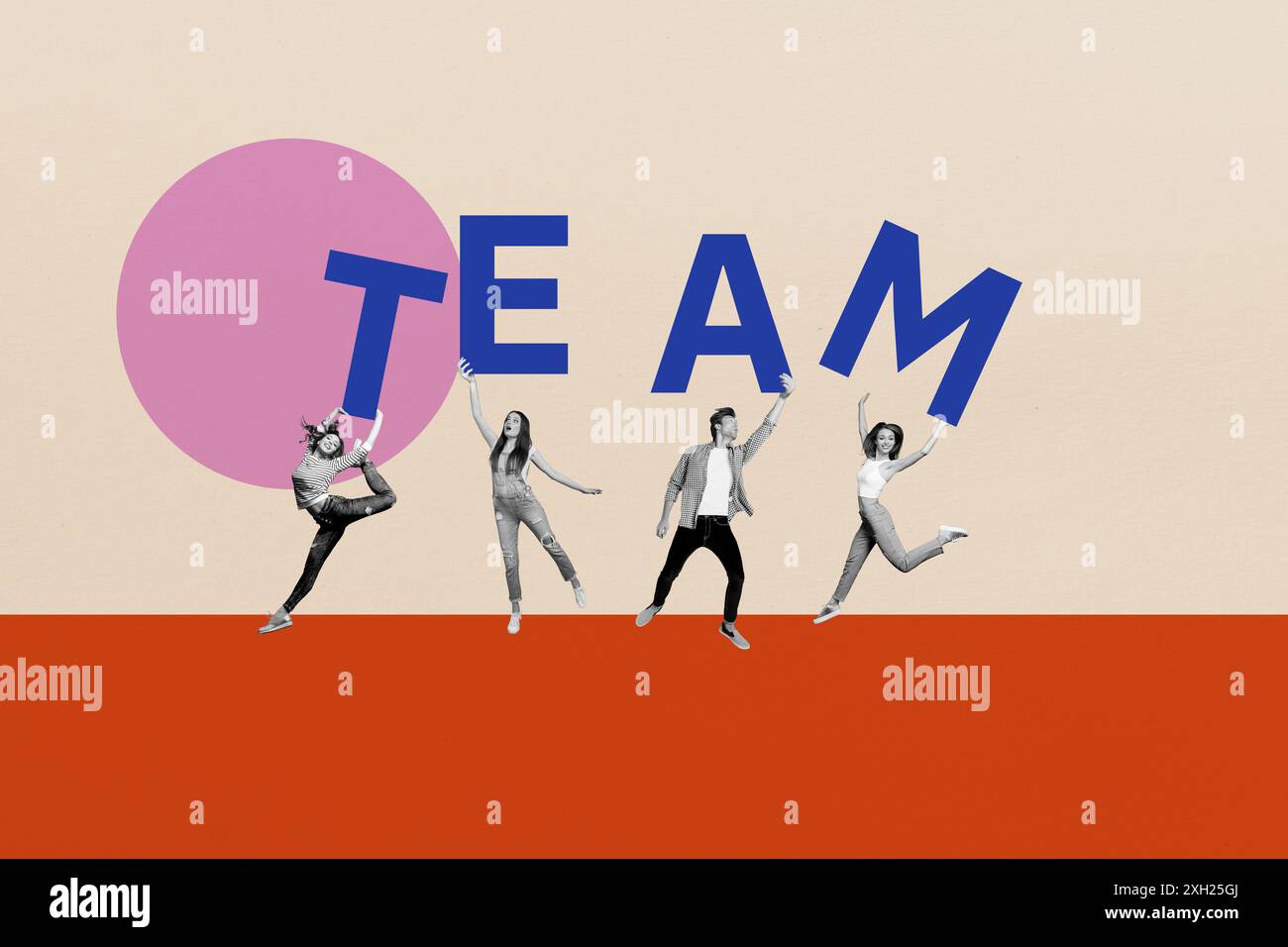 Creative collage image young workers employees team coworking achieve ...