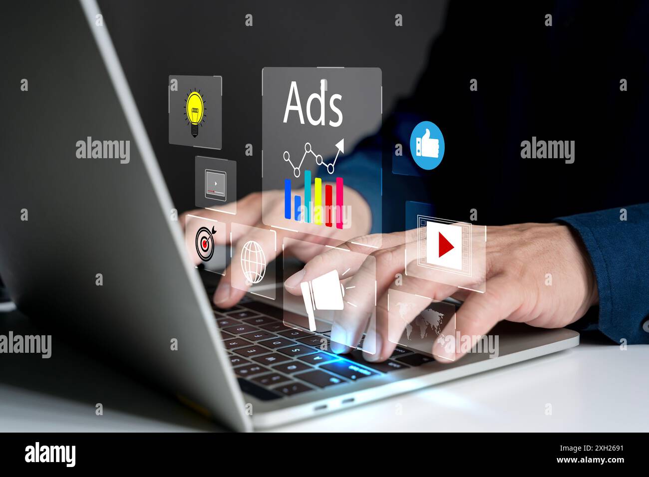 Digital marketing concept, Young man using laptop with Ads dashboard ...