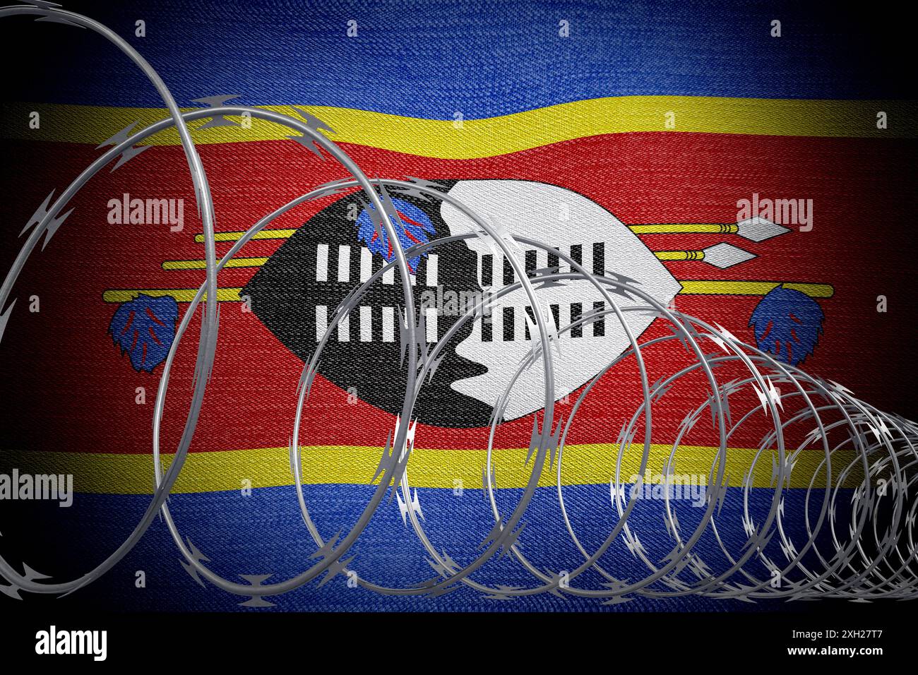 National flag of Eswatini (former Swaziland) and barbed wire - 3D ...