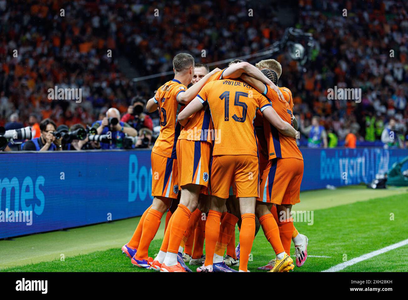 Team of Netherlands seen celebrating after scoring goal during UEFA ...