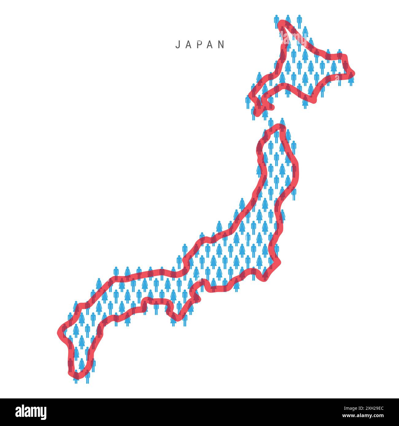 Japan population map. Stick figures Japanese people map with bold red ...