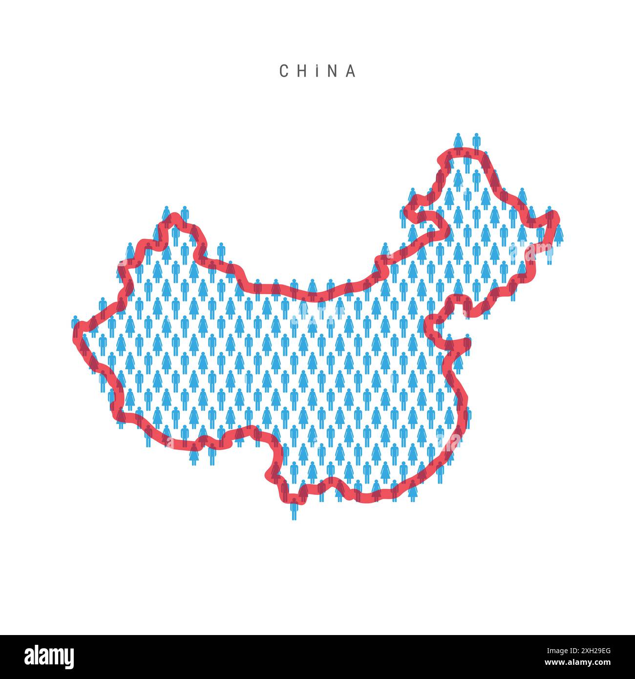 China population map. Stick figures Chinese people map with bold red ...