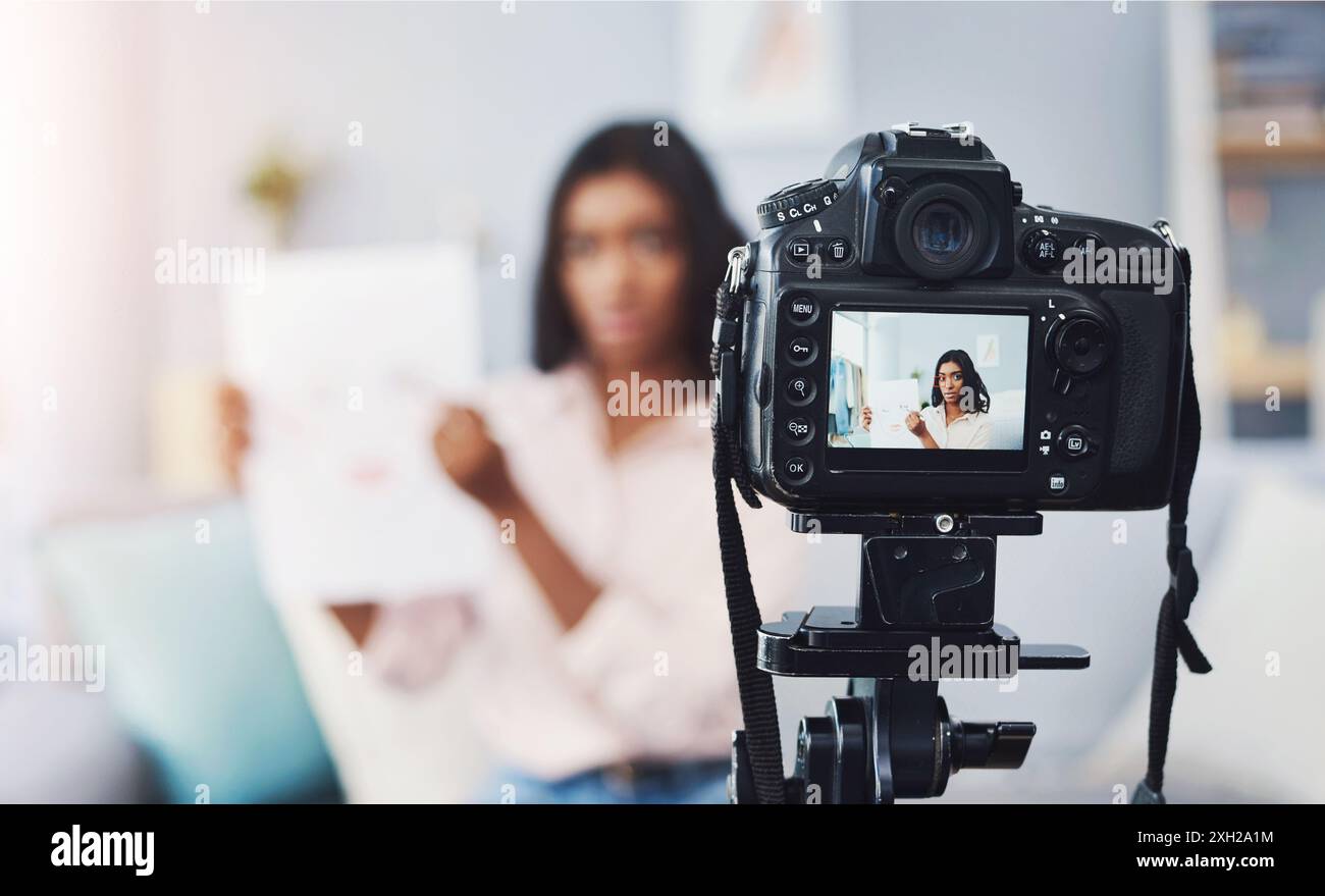 Influencer, content creation and makeup streamer on camera screen for ...