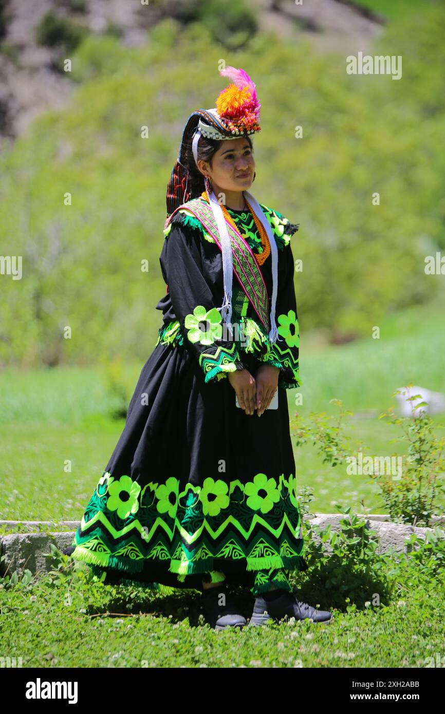 Portrait image of Kalash tribe girl in tradditional costume from rumbur ...