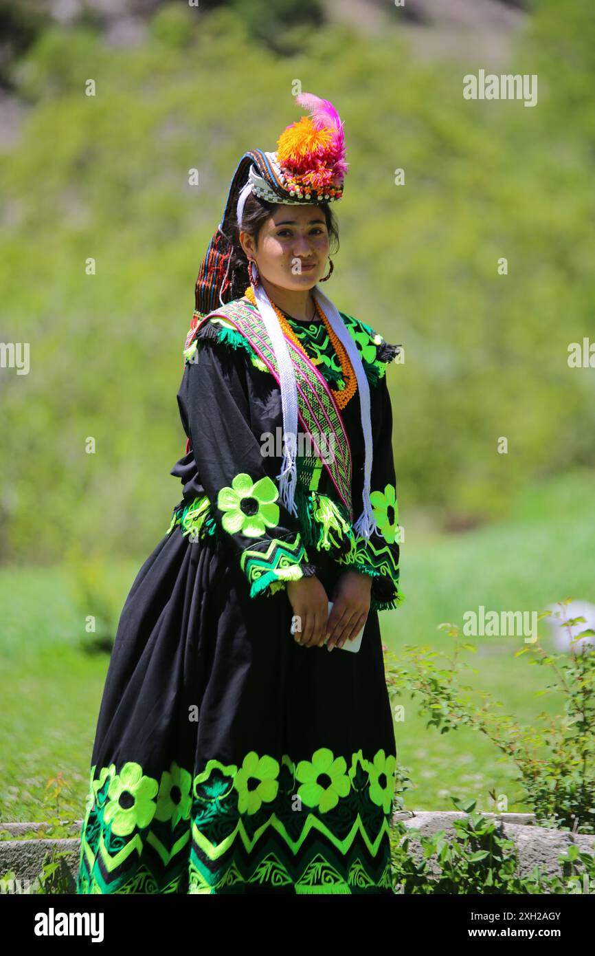 Portrait image of Kalash tribe girl in tradditional costume from rumbur ...