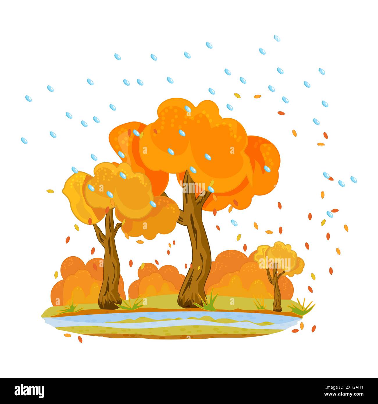 Autumn trees, shrubs and rain. Yellow leaves falling in wind. Autumnal ...