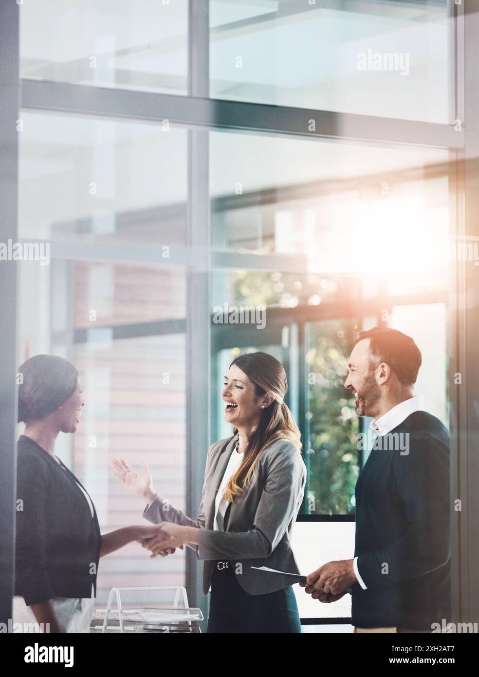 Business people, handshake and welcome in office with introduction for ...
