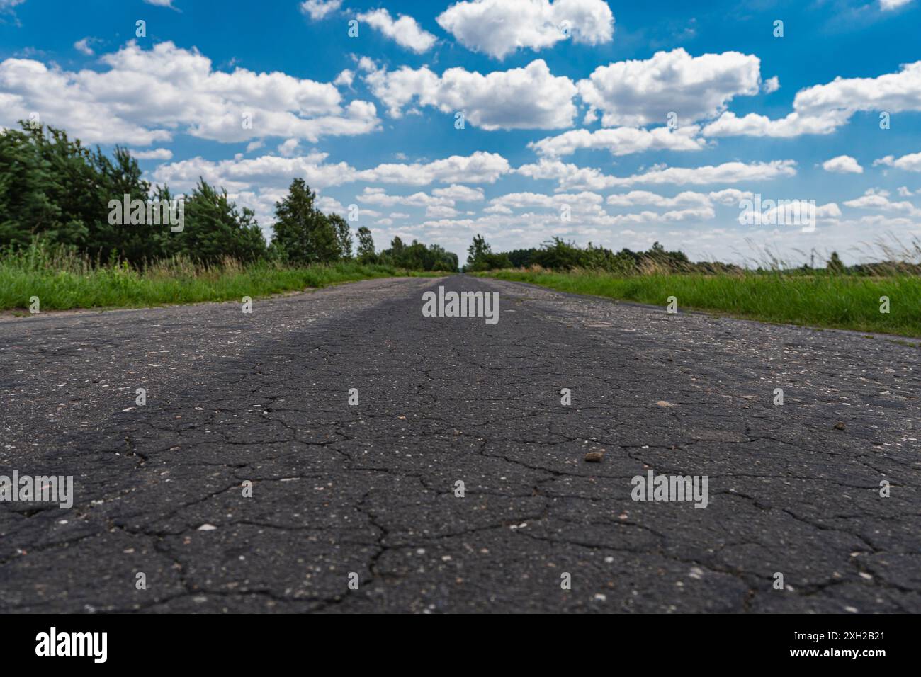 Landscape with an empty old asphalt road through meadows on flatlands ...