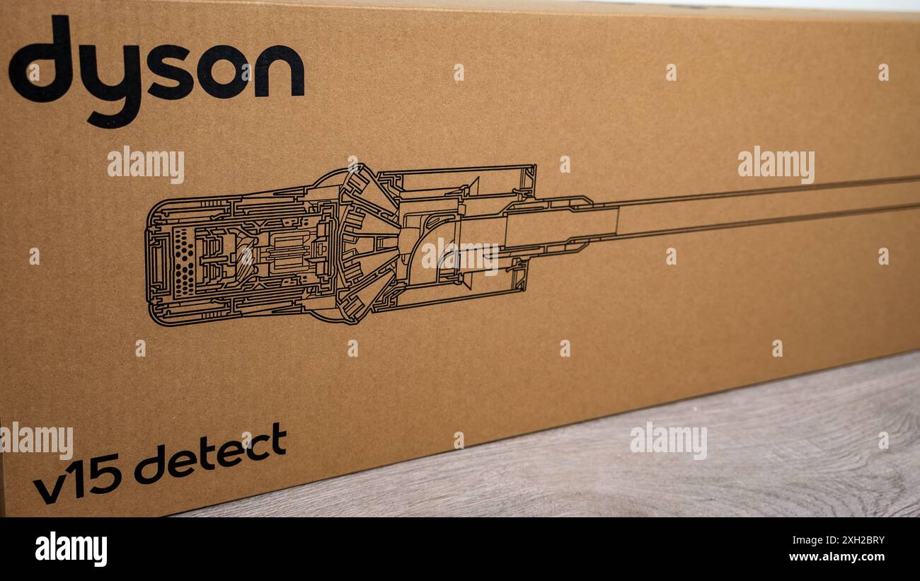 Jurmala, Latvia 07.07.2024: A close-up of the hoover box labelled Dyson ...