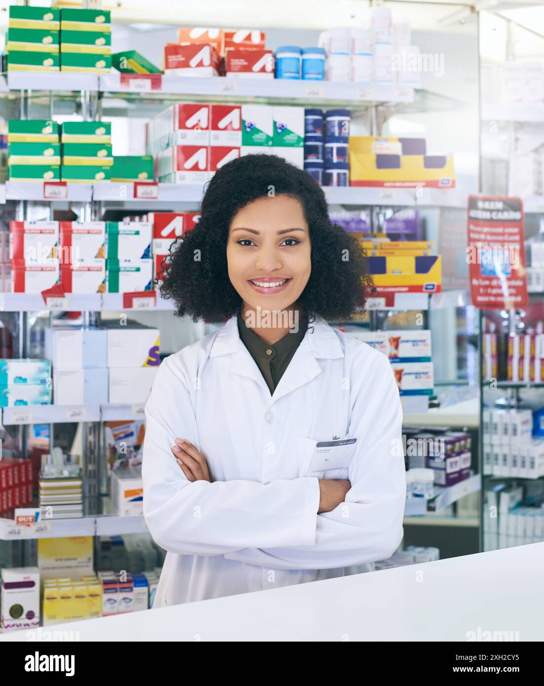 Pharmacy, healthcare and portrait of black woman with crossed arms for ...