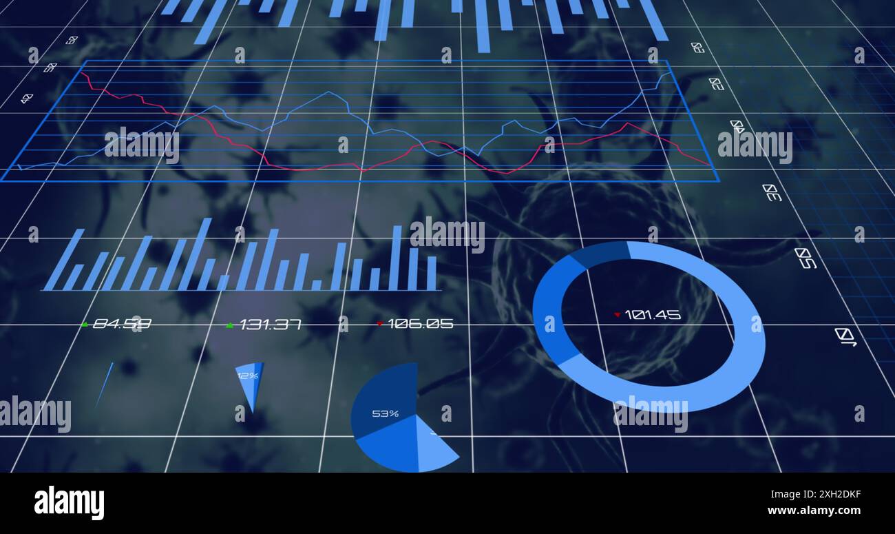 Image of statistical data processing over covid-19 cells floating ...