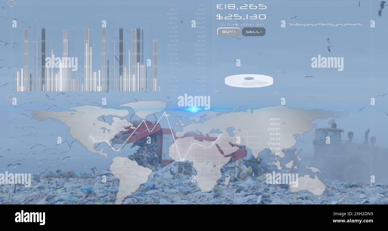 Image of infographic interface, garbage spilling out of bin and truck ...
