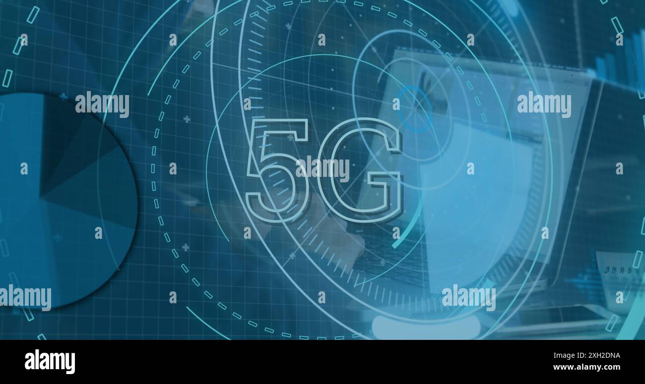 Image of scope scanning with 5g text and data processing over caucasian male hacker. Global ...