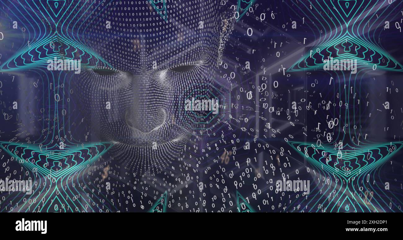 Image of data processing and digital human head over shapes on black background. Global ...