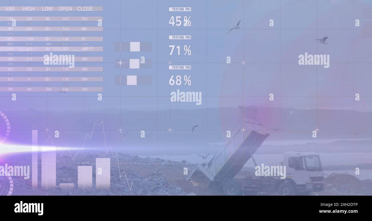 Image of data processing and statistics over wasteland. Global ...