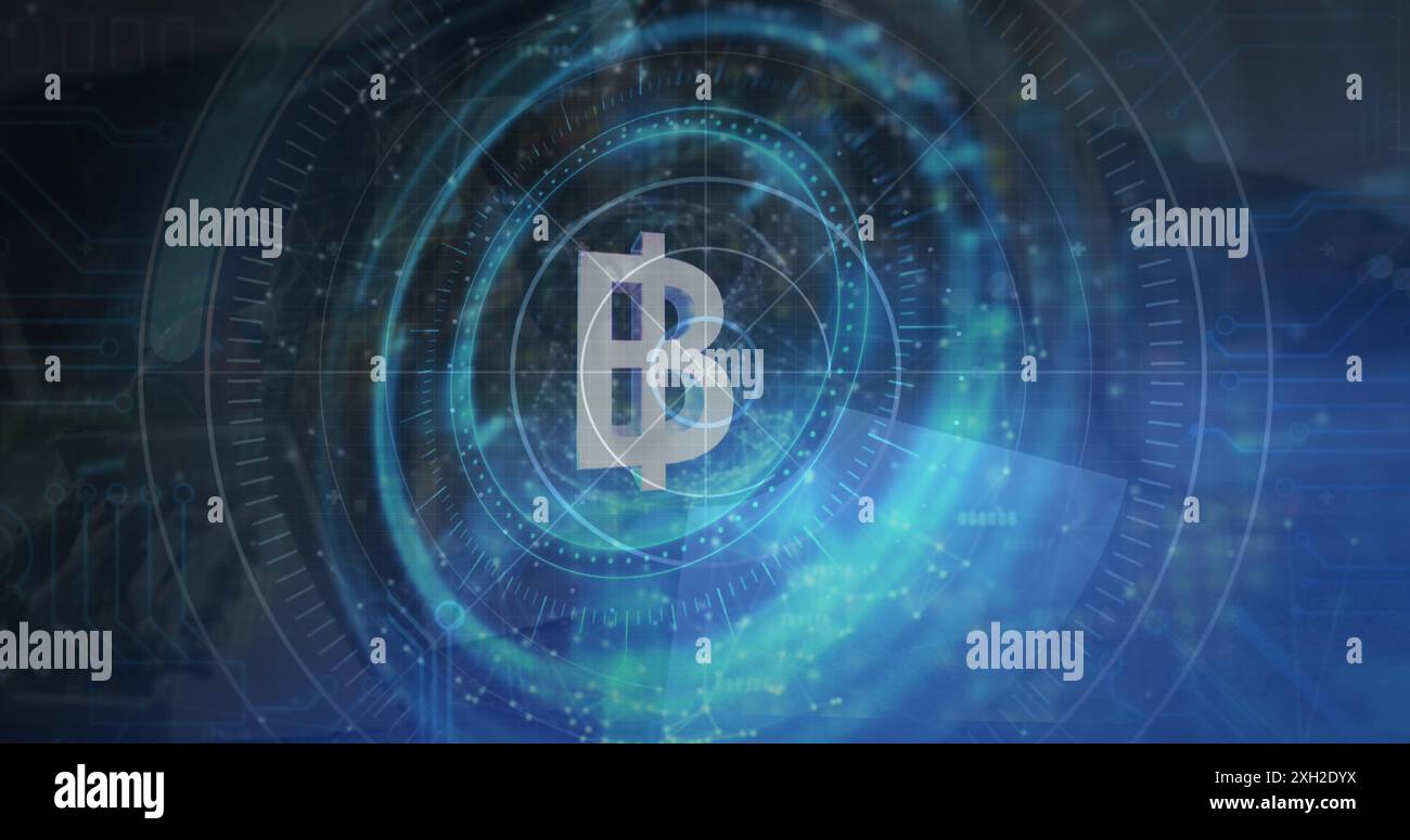 Image of bitcoin symbol, scopes scanning and data processing. Global ...