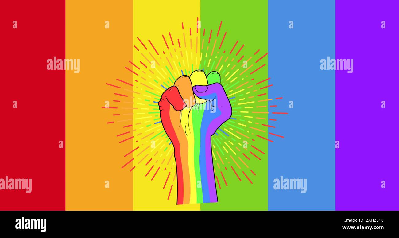 Image of rainbow fist and rays over rainbow stripes. Pride, lgbt and ...