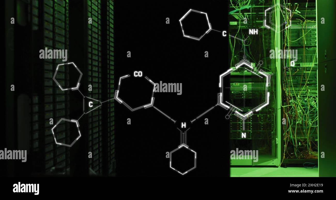 Image of molecule structures over illuminated server room in background ...