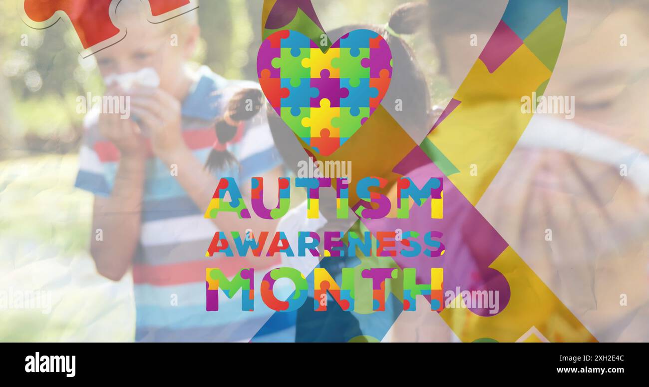 Images of colorful puzzle pieces and ribbon over diverse group of ...