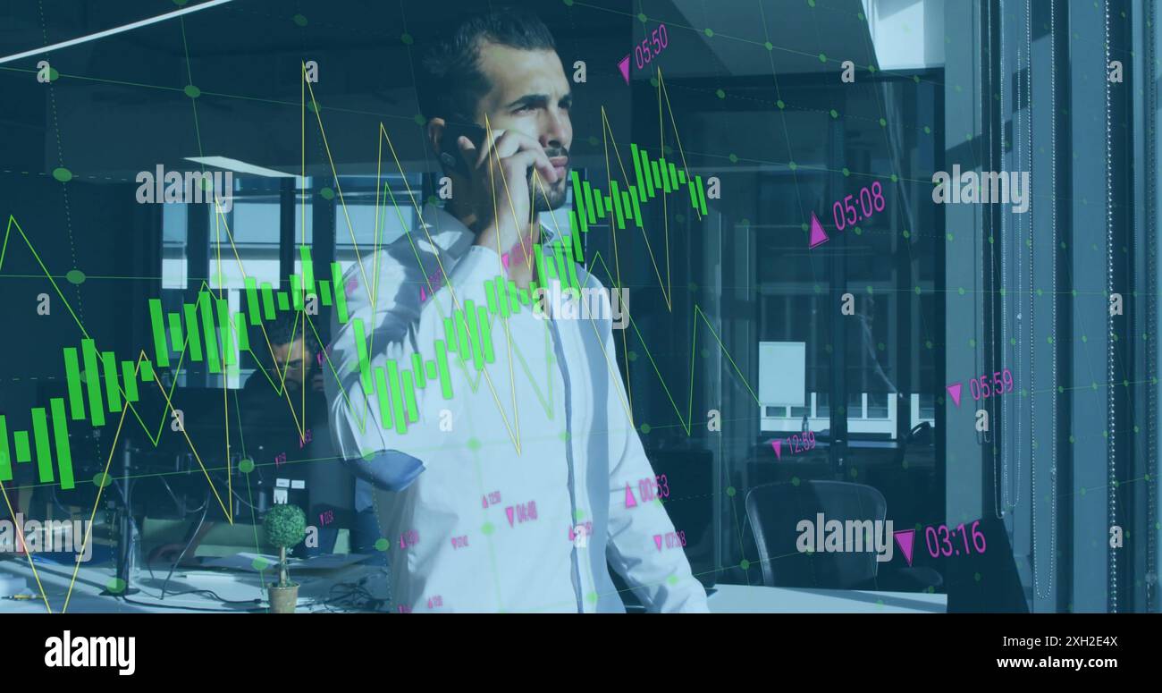 Image of multiple graphs with changing numbers over caucasian man ...