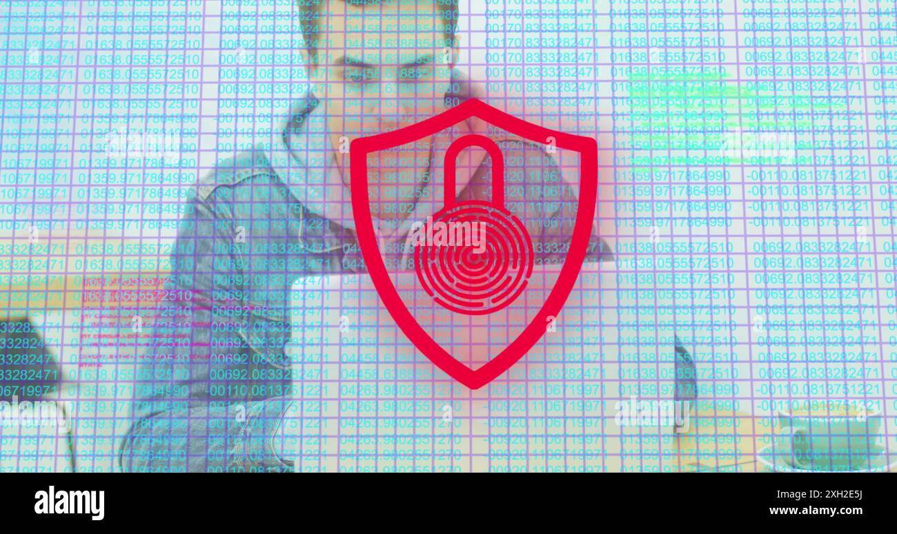 Image of fingerprinted padlock in shield and numbers on caucasian businessman using laptop ...