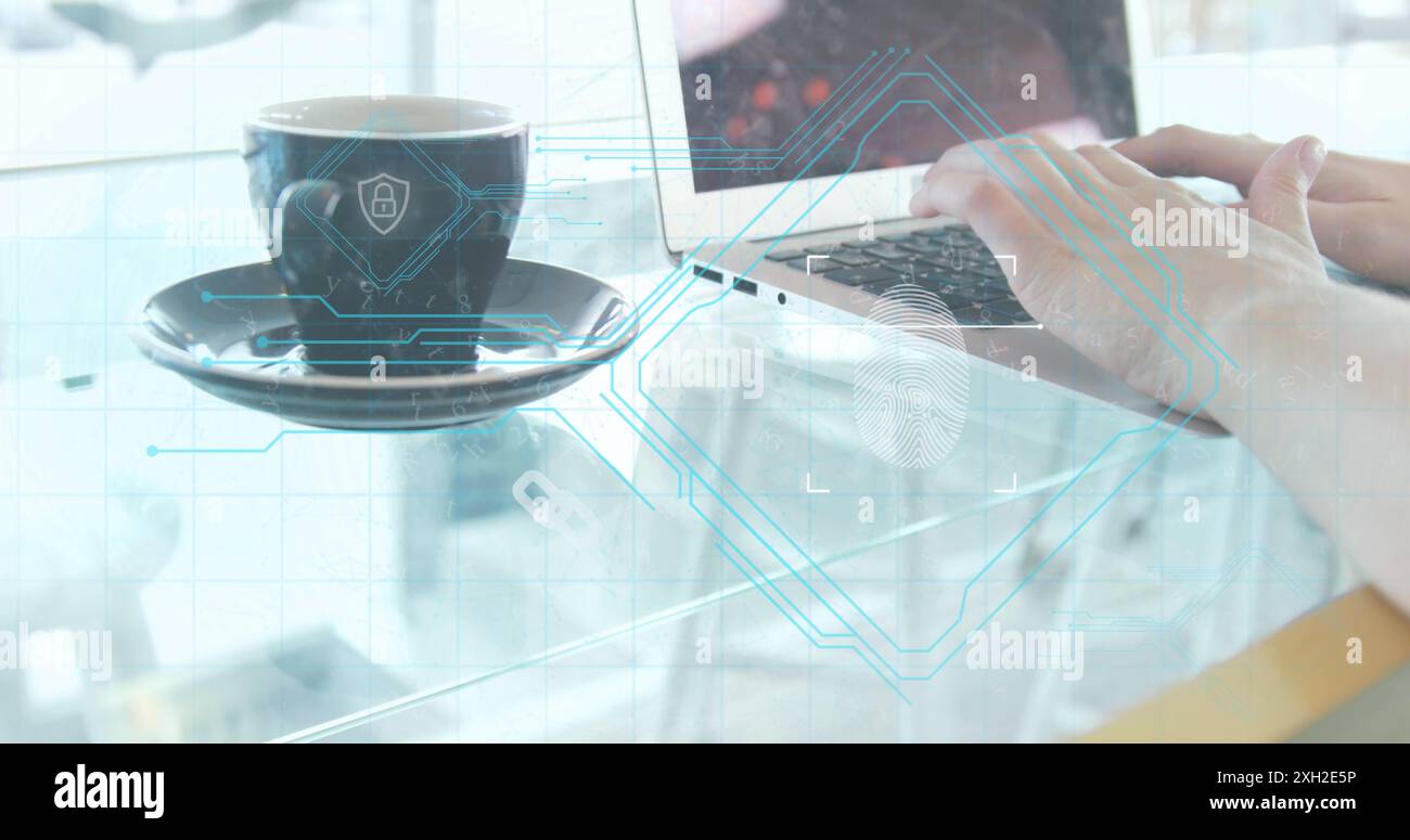 Image of fingerprint, padlock in shield in abstract pattern on cropped ...