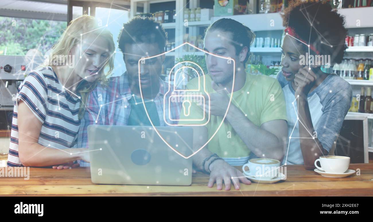 Image of padlock in shield, dots forming geometric shapes on diverse ...