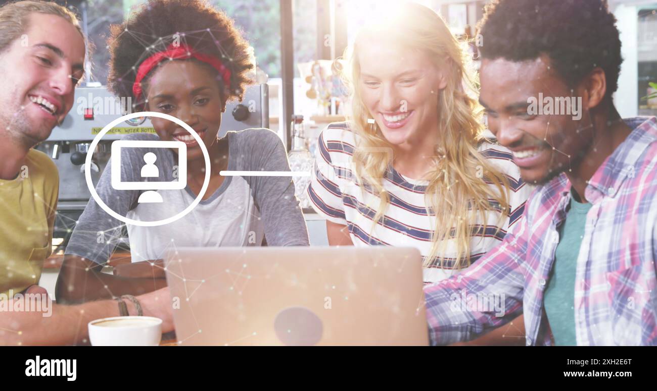 Image of icons connected by line and dots forming shapes over diverse ...