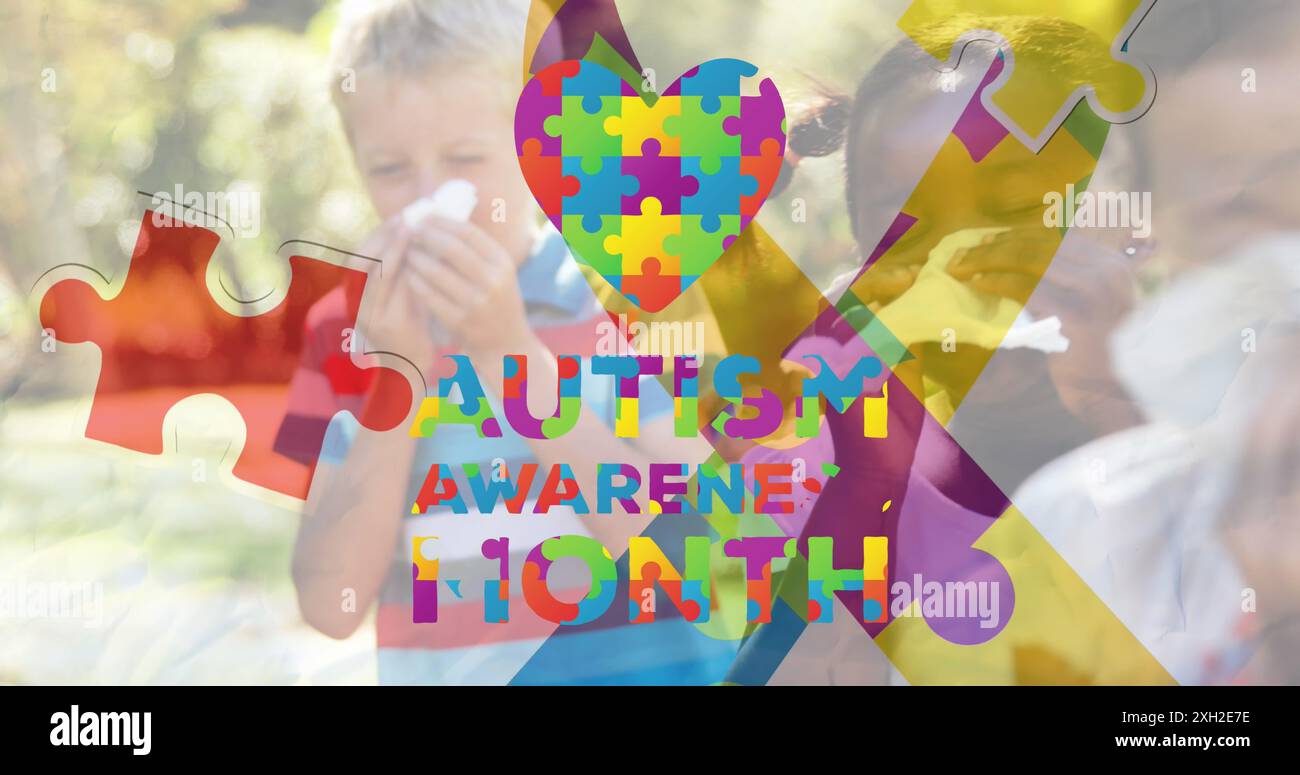 Images of colorful puzzle pieces and ribbon over diverse group of ...