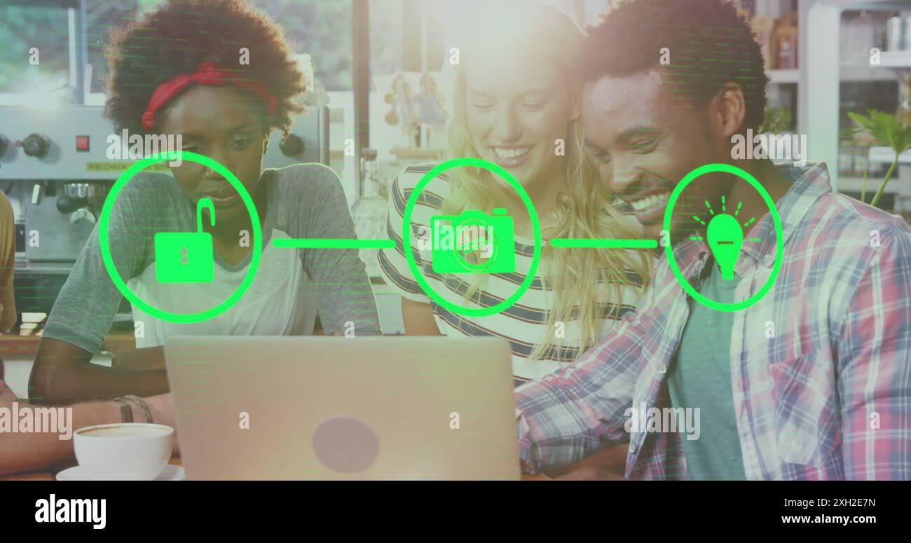 Image of icons connected by line and dots forming shapes over diverse ...