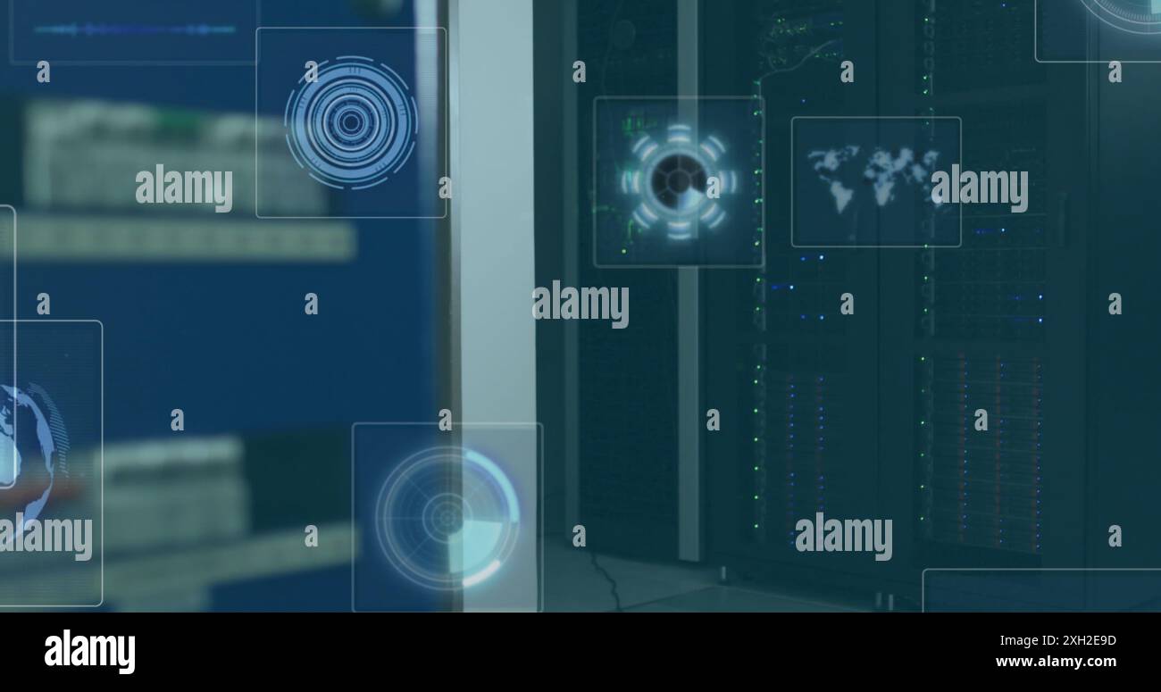 Image of round scanners and data processing against computer server ...