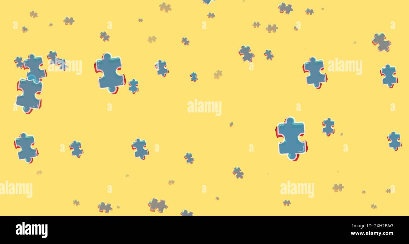 A digital image of puzzle pieces falling on a yellow background, with a ...
