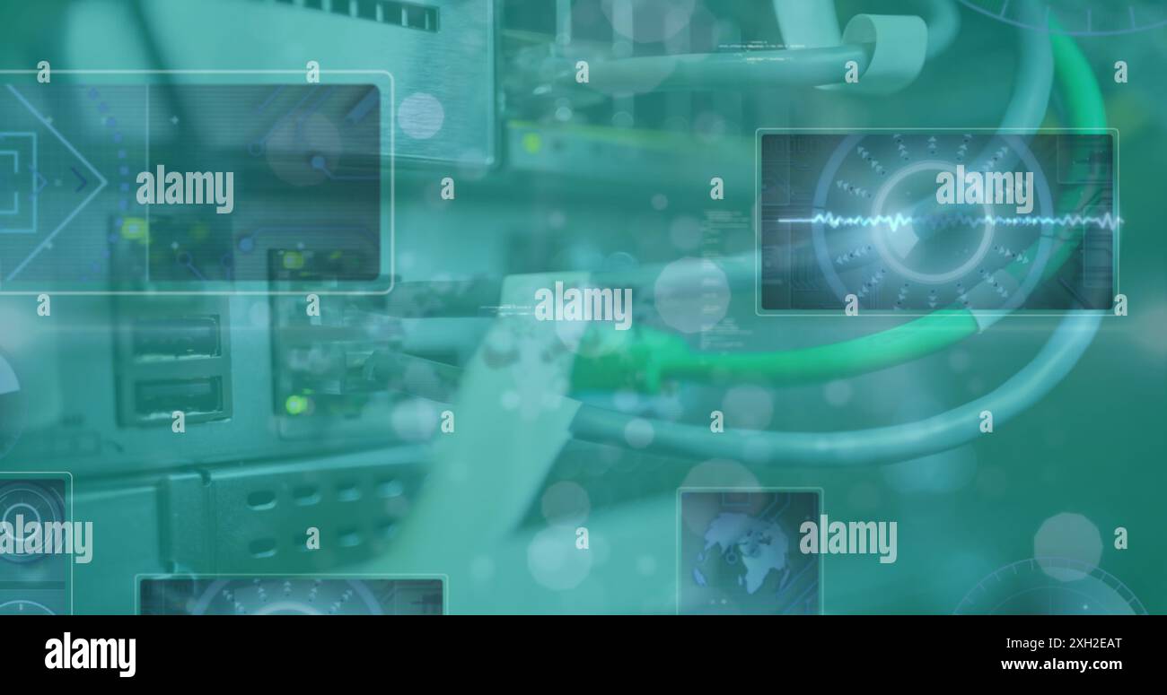 Image of spots of light and data processing against close up of ...