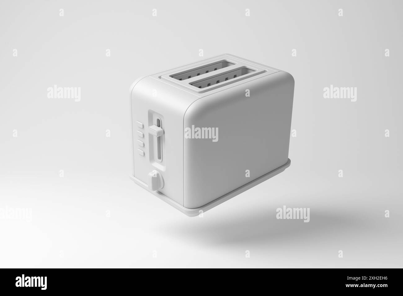 White 2 slice toaster floating in mid air on white background in ...