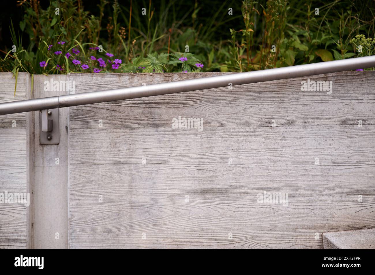 metal hand rail against a concrete wall in front of garden foliage ...