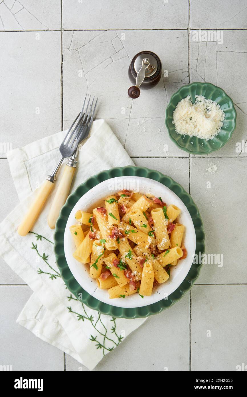 Pasta Tortiglioni or Rigatoni with bacon, parmesan cheese, pepper and ...