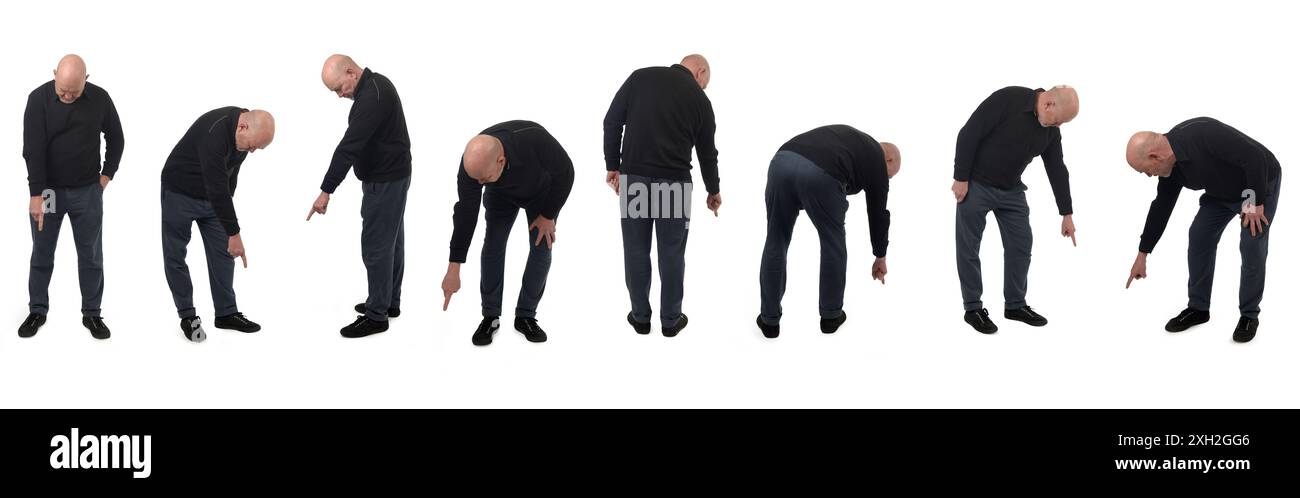 various poses of the same man pointing finger down on white background ...
