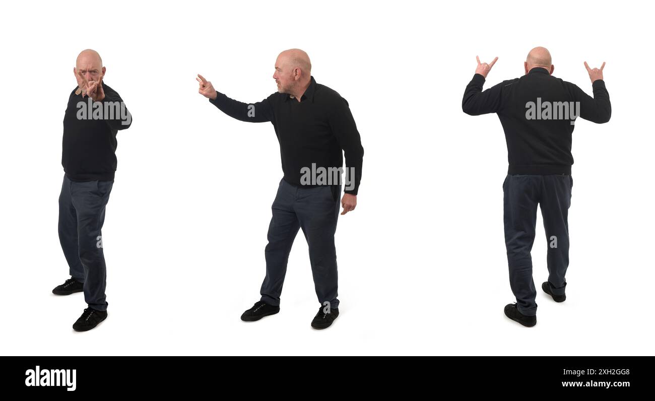 various poses of same man showing the horns sign with fingers on white ...