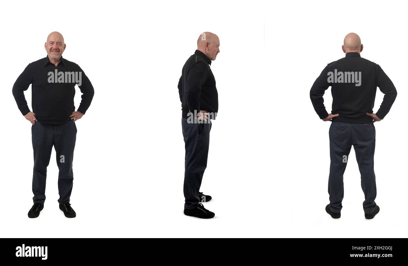front side and back view of same men arms akimbo on white background ...