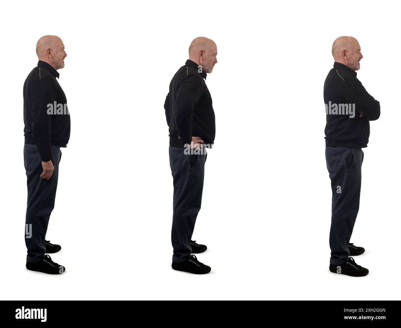 various poses of side view of a group of same men standing on white ...