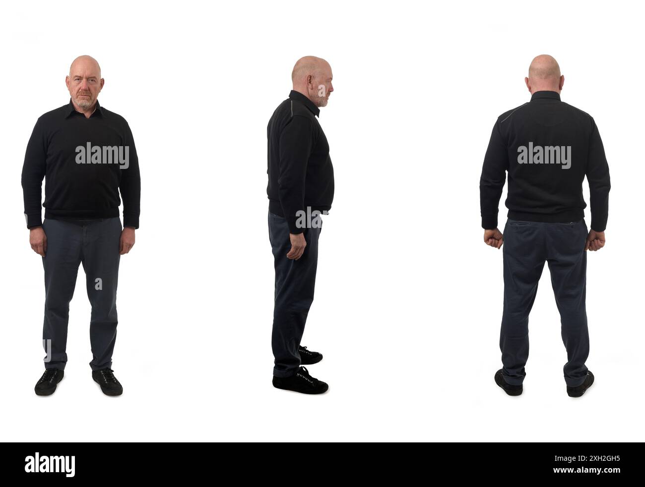 front side and back view of same man standing and serious of white ...