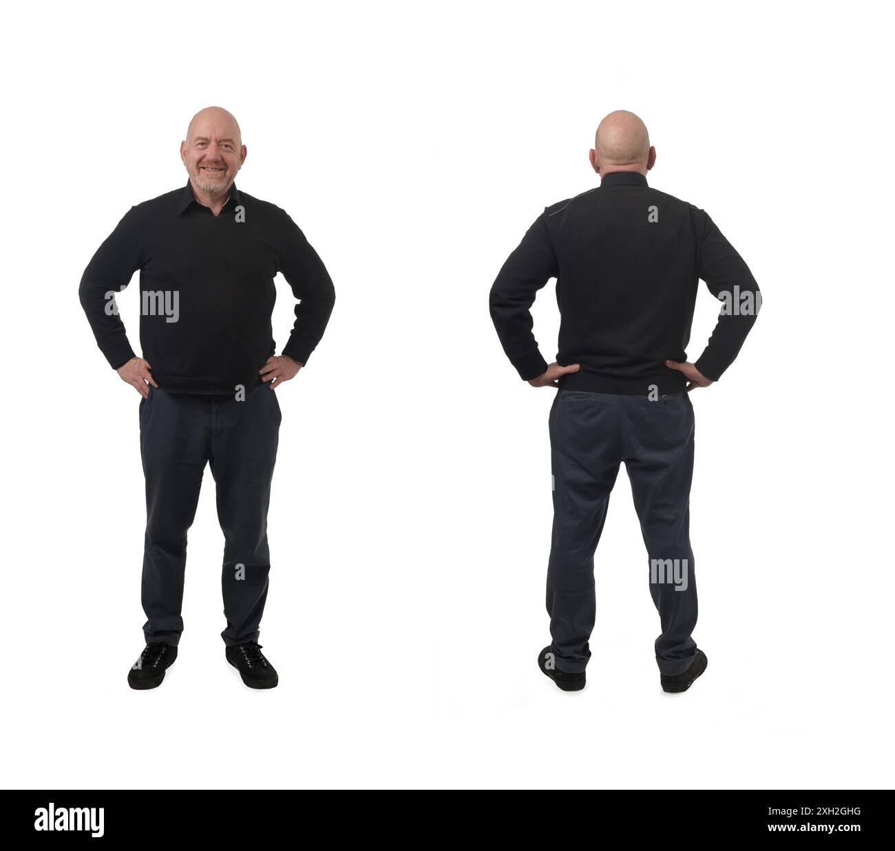 front and back of same man standing and arms akimbo on white background ...