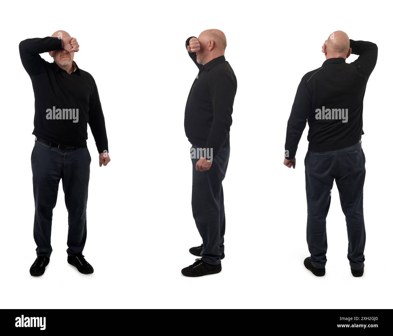 side, back and front view of same man covering her face with her arm on ...