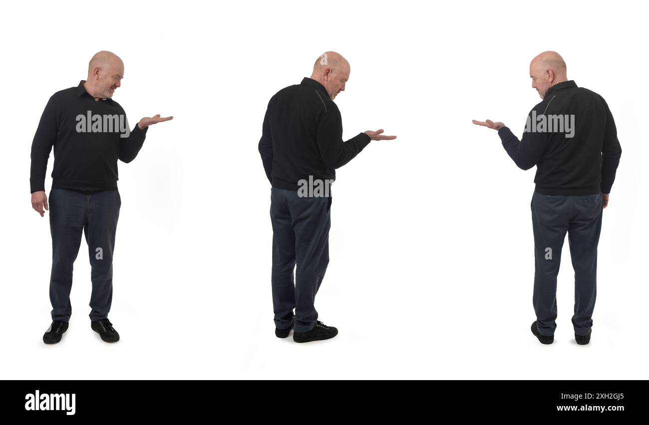 front side and back view of same man showing an imaginary object in her ...