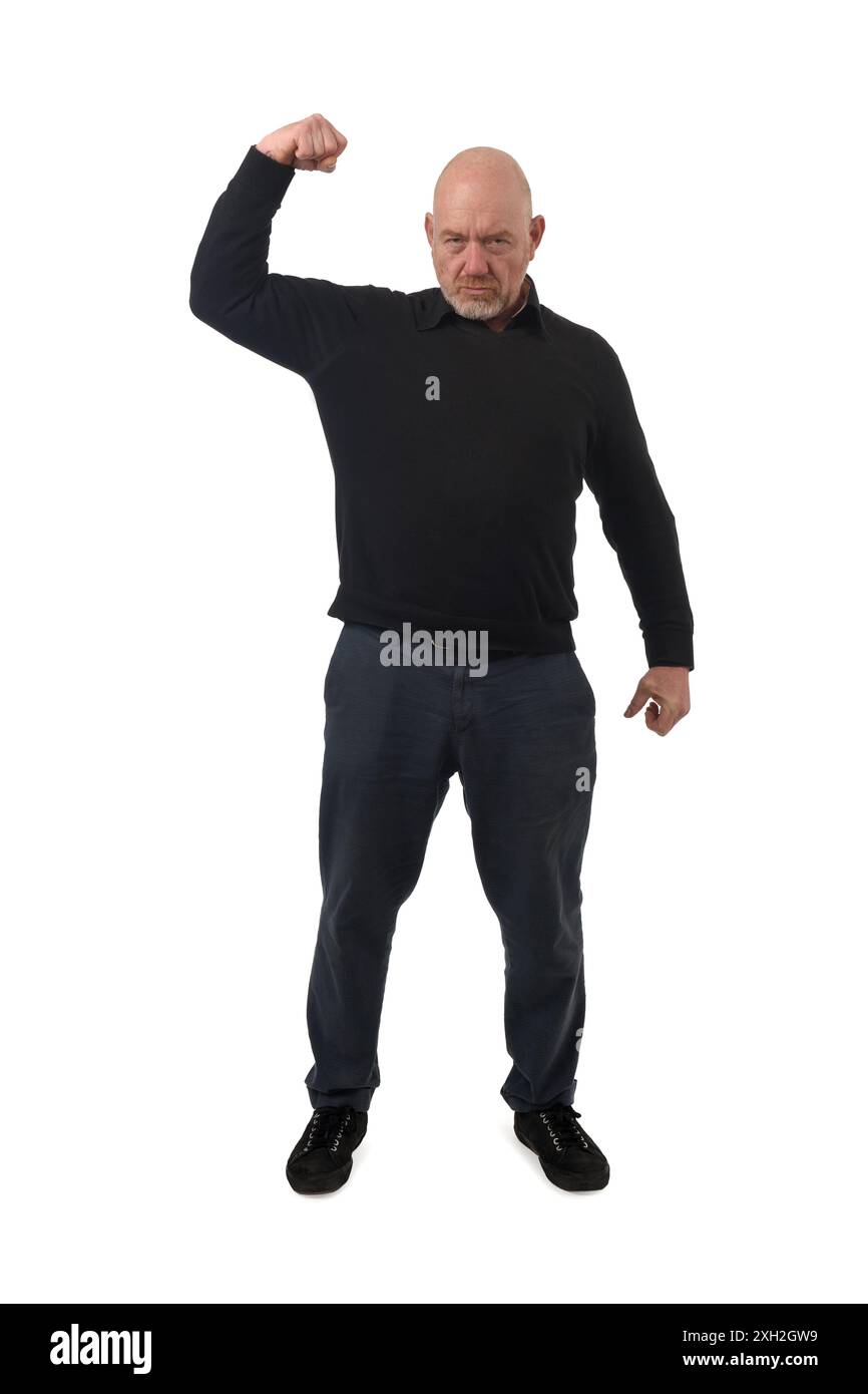 front view of a man showing her bicep on white background Stock Photo ...